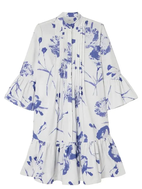 Erdem Tiered Pintucked Floral-print Organic Cotton-poplin Mini Shirt Dress - White
