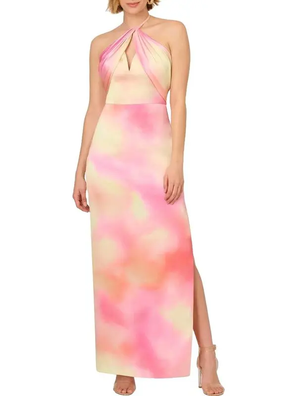 Adrianna Papell Watercolor Sateen Halter Gown - Pink Multi