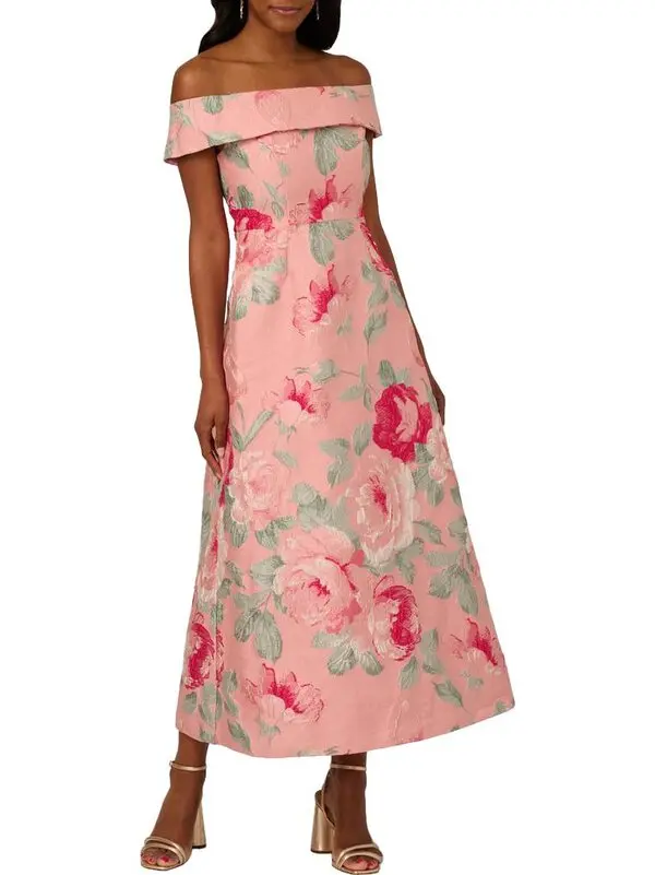 Adrianna Papell Floral Jacquard Off-the-shoulder A-line Dress - Pink Multi