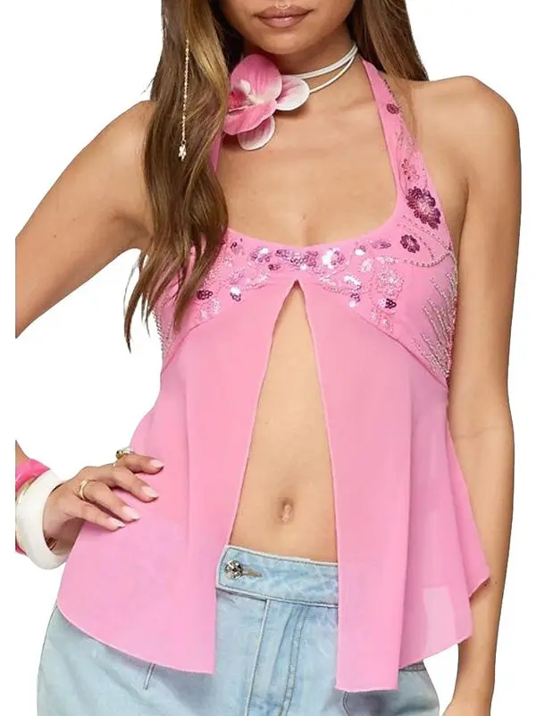 EDIKTED Sequin Chiffon Split Front Top - Pink