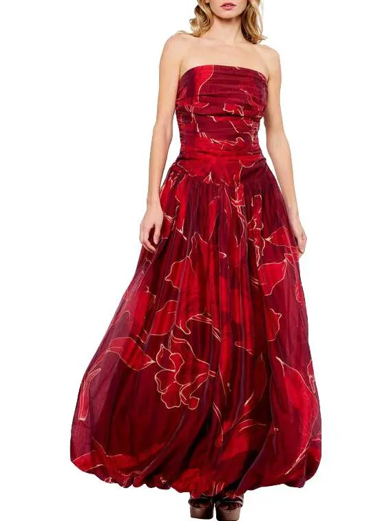 CIEBON Reema Floral Strapless Gown - Burgundy/ Red