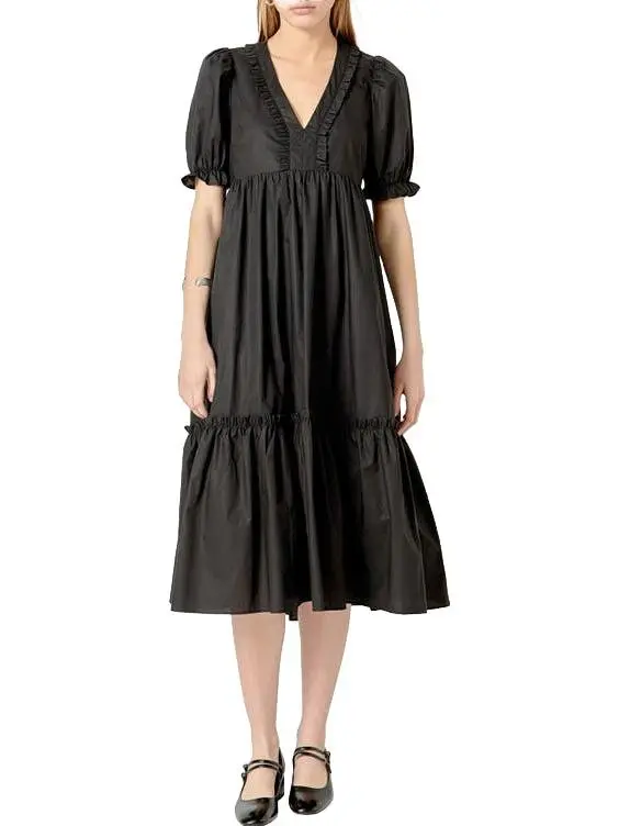 English Factory Puff Sleeve Empire Waist Midi Dress - Black