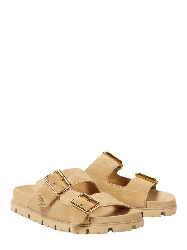 Prada Logo Suede Sandals - Beige