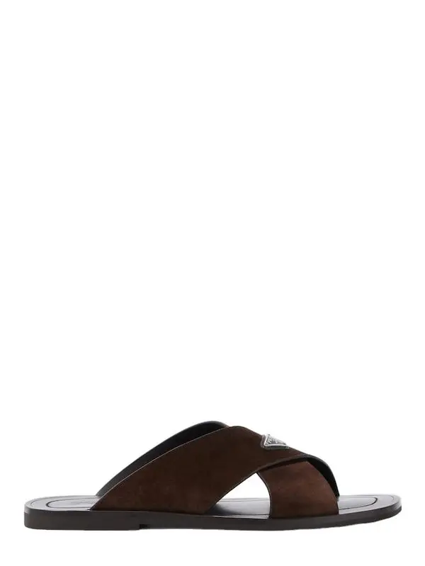Prada Logo Suede And Leather Sandals - Brown