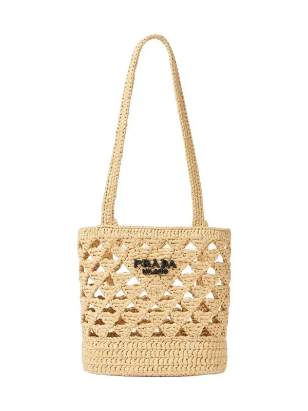 Prada Logo Raffia Crochet Tote Bag - Beige