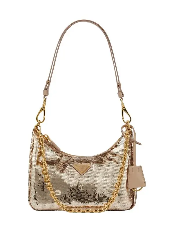 Prada Sequined Re-nylon Shoulder Bag - Gold