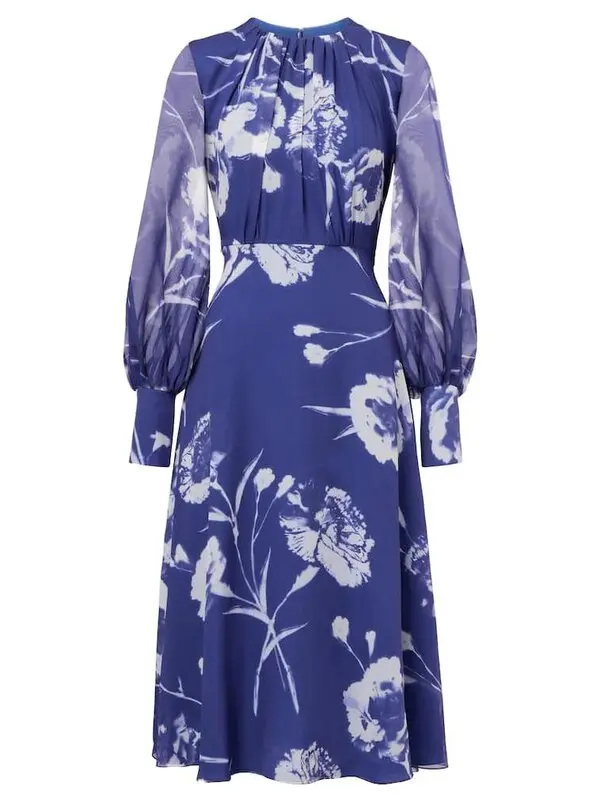 Erdem Floral Print Silk Voile Midi Dress - Blue