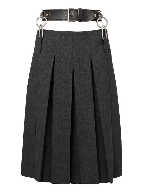 Prada Belted Pleated Virgin Wool Midi Skirt - Grey