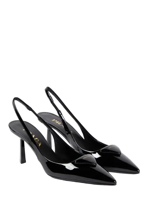 Prada Logo Patent Leather Slingback Pumps - Black