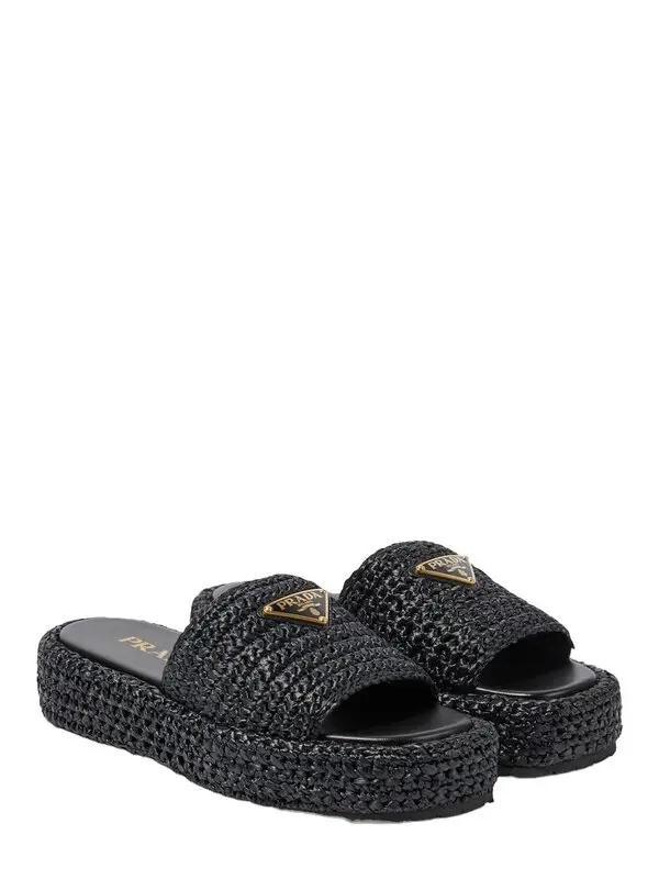 Prada Logo Espadrille Slides - Black