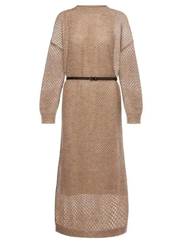 Brunello Cucinelli Belted Knitted Midi Dress - Brown