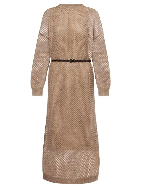 Brunello Cucinelli Belted Knitted Midi Dress - Brown
