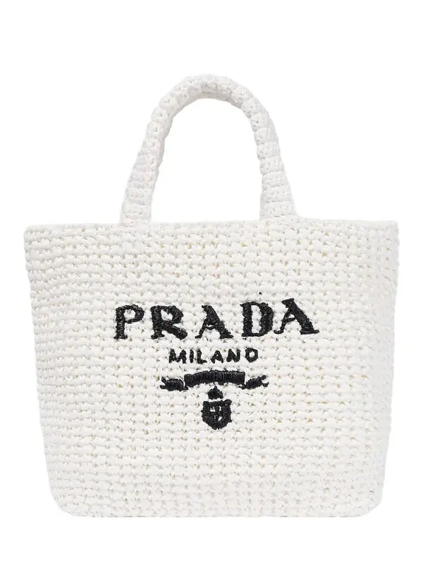 Prada Logo Crochet Raffia Tote Bag - White