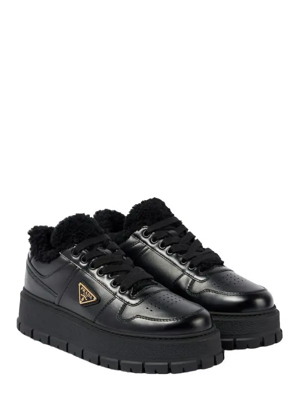 Prada Shearling-lined Leather Platform Sneakers - Black