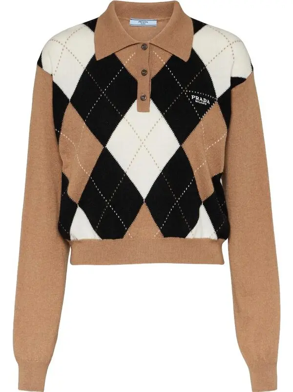 Prada Argyle Cashmere Polo Sweater - Brown