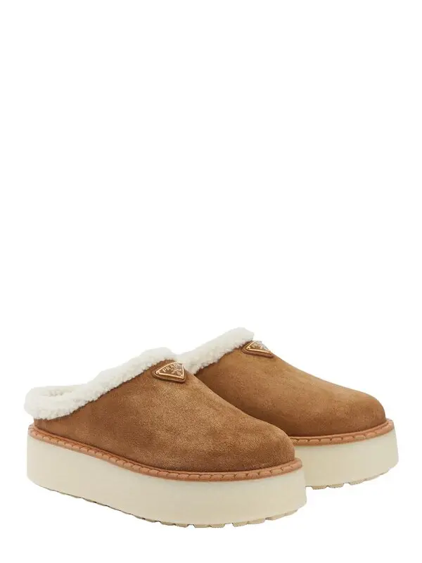 Prada Evolve Shearling-lined Suede Platform Mules - Brown