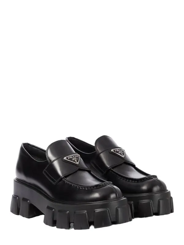 Prada Monolith Brushed Leather Loafers - Black