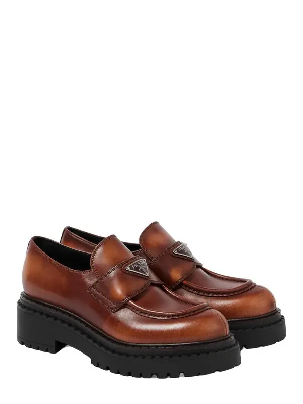 Prada Logo Leather Platform Loafers - Brown