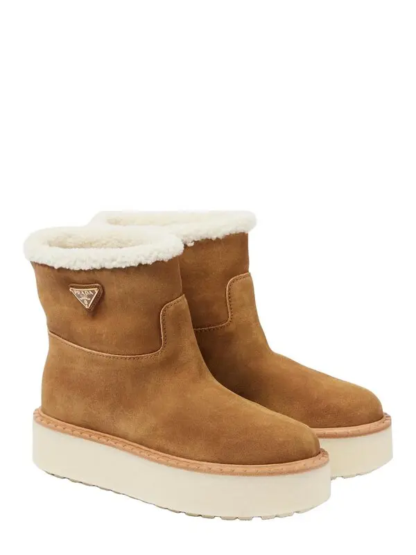 Prada Shearling-lined Suede Ankle Boots - Brown