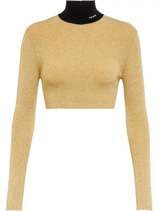 Prada Lamé Turtleneck Cropped Sweater - Gold