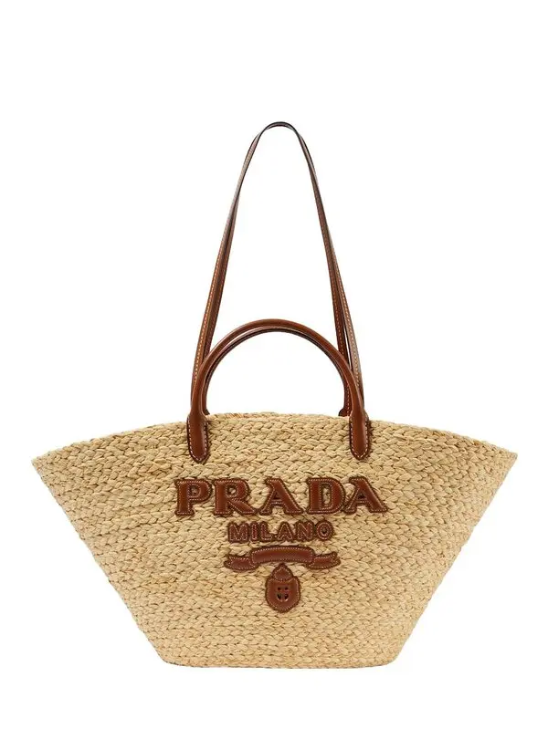 Prada Logo Leather-trimmed Raffia Basket Bag - Beige