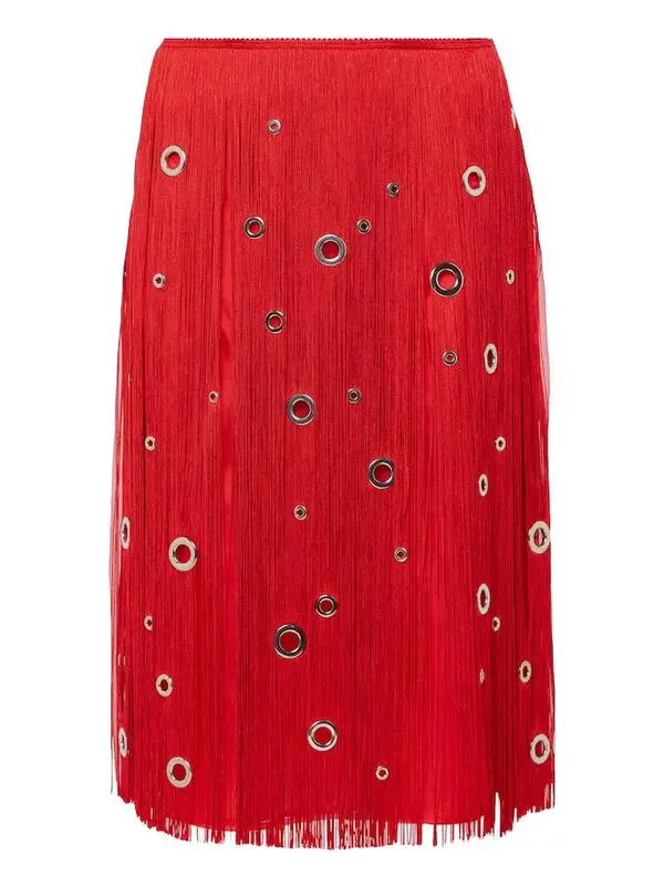 Prada Fringed Embellished Silk Midi Skirt - Red