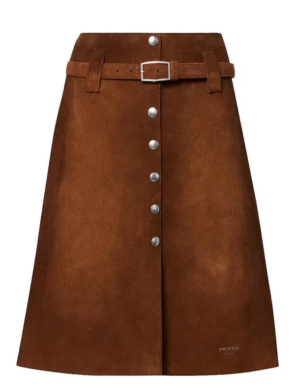 Prada Belted Suede Midi Skirt - Brown
