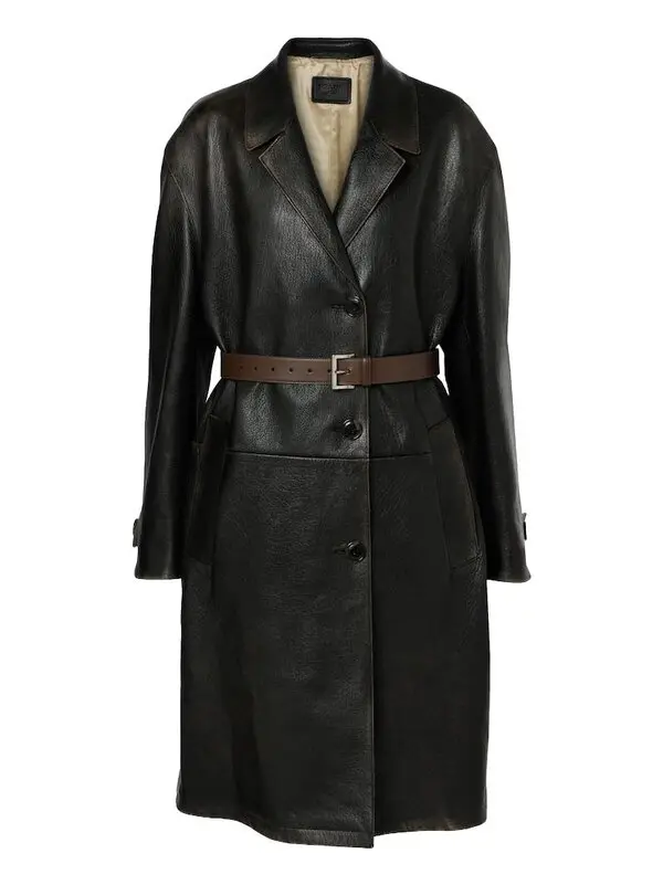 Prada Leather Wrap Coat - Black