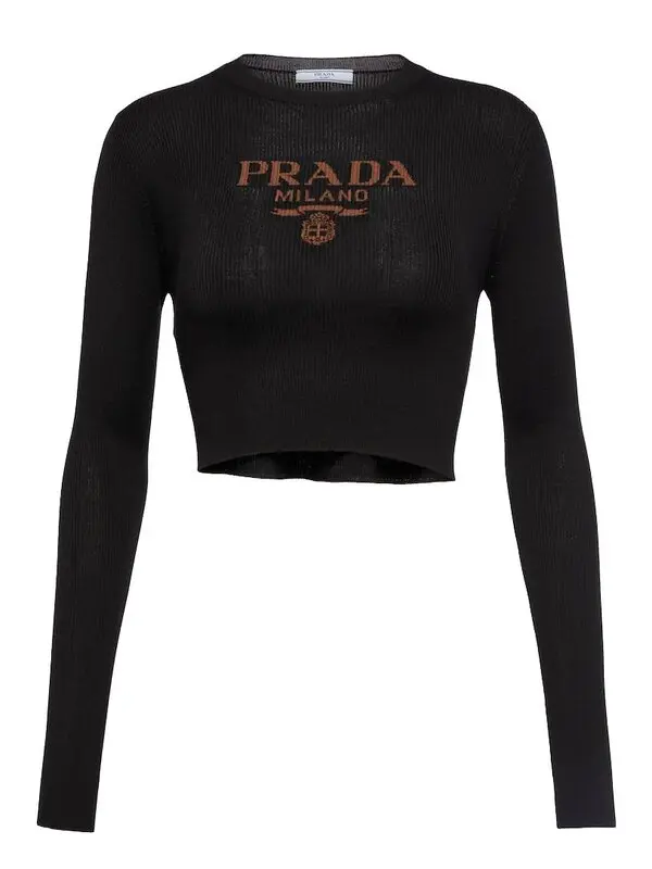 Prada Logo Ribbed-knit Crop Top - Black