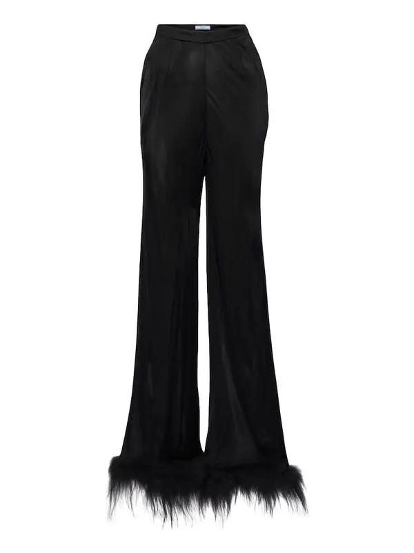 Prada Feather-trimmed Wide-leg Pants - Black