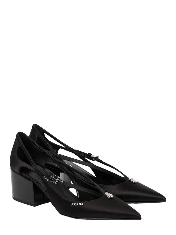 Prada Embellished Cutout Satin Pumps - Black