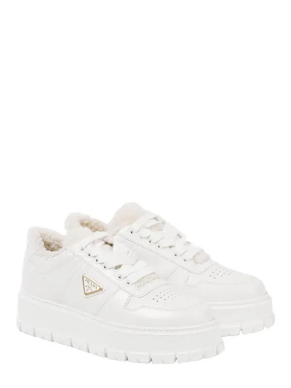 Prada Shearling-lined Platform Leather Sneakers - White