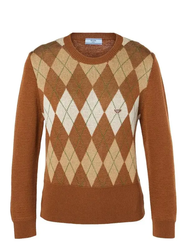 Prada Argyle Cropped Wool Sweater - Brown