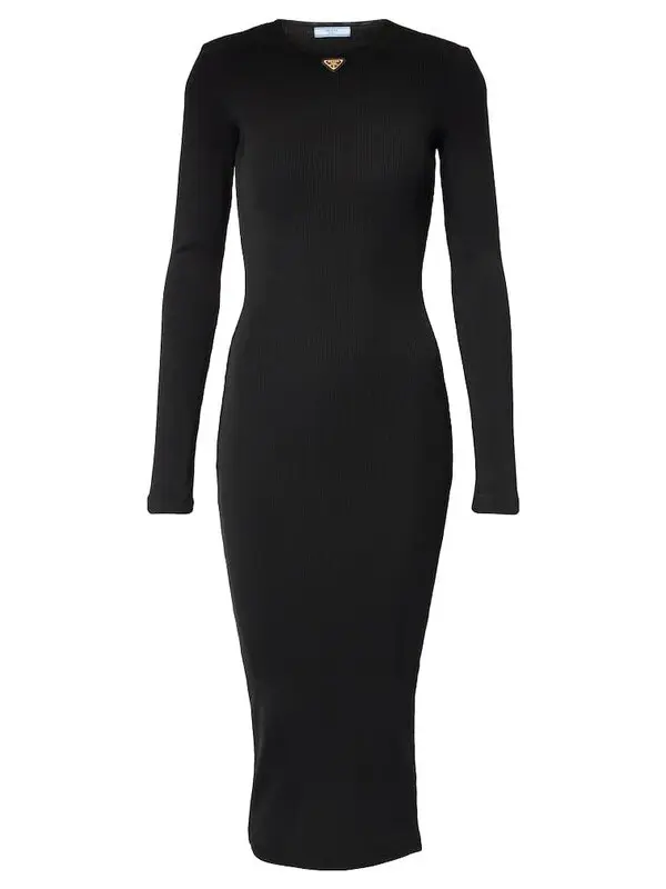 Prada Logo Ribbed-knit Midi Dress - Black