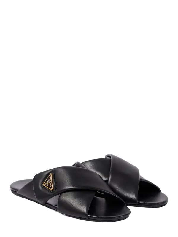 Prada Logo Leather Slides - Black