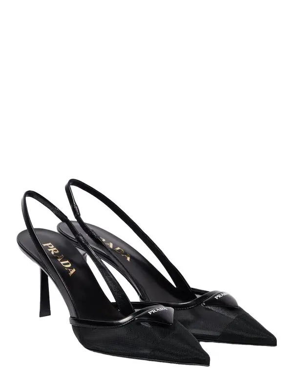 Prada 75 Logo Leather-trimmed Slingback Pumps - Black
