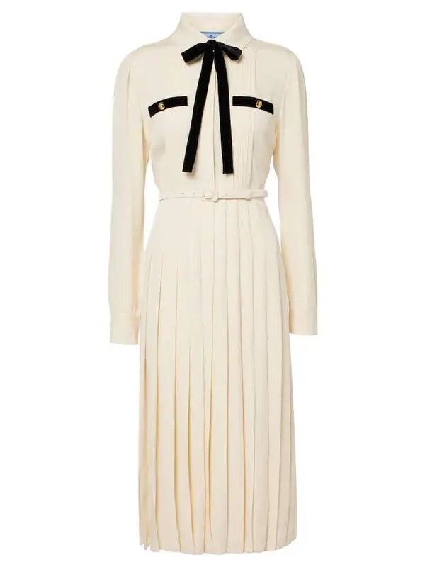 Prada Tie-neck Pleated Belted Shirt Dress - White