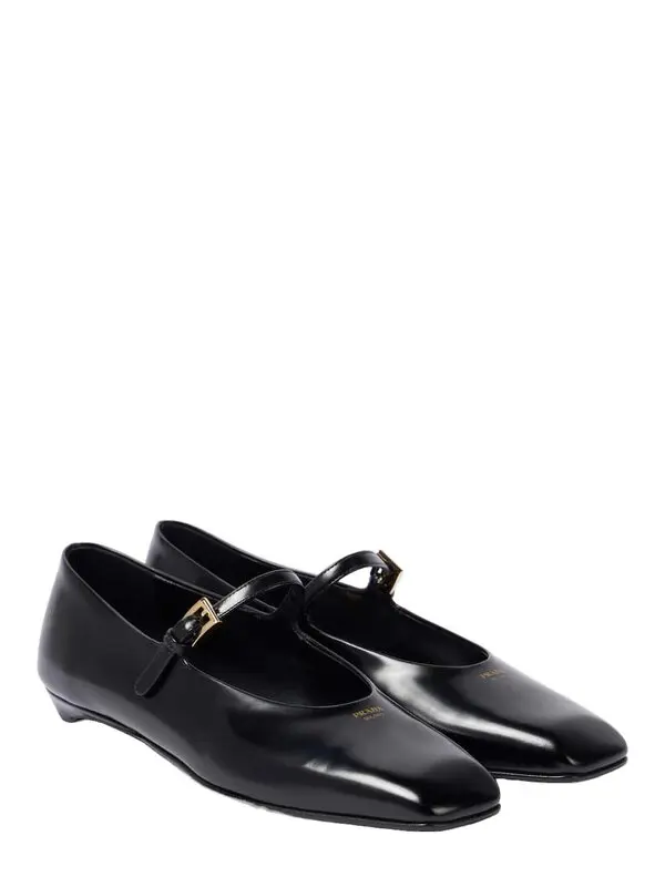 Prada Brushed Leather Mary Jane Flats - Black