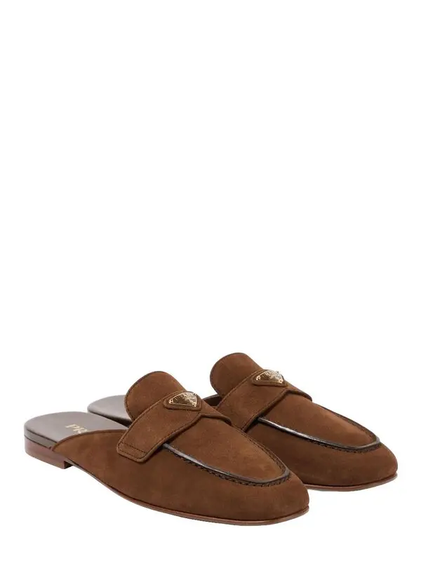 Prada Logo Suede Mules - Brown