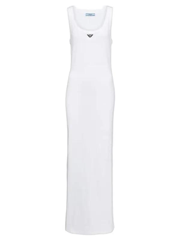 Prada Logo Cotton Jersey Maxi Dress - White