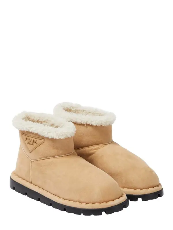 Prada Logo Shearling-lined Ankle Boots - Beige