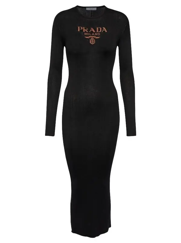 Prada Logo Ribbed-knit Silk Midi Dress - Black