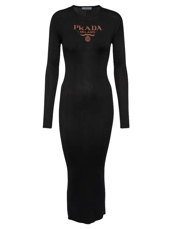 Prada Logo Ribbed-knit Silk Midi Dress - Black