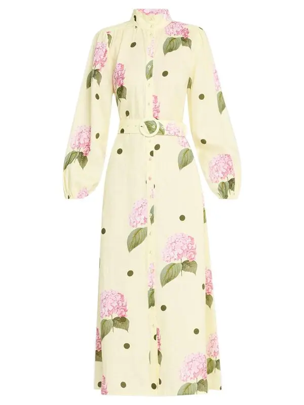 PALM NOOSA Noddy Belted Floral-print Linen Midi Shirt Dress - Porto Fino Polka Dot