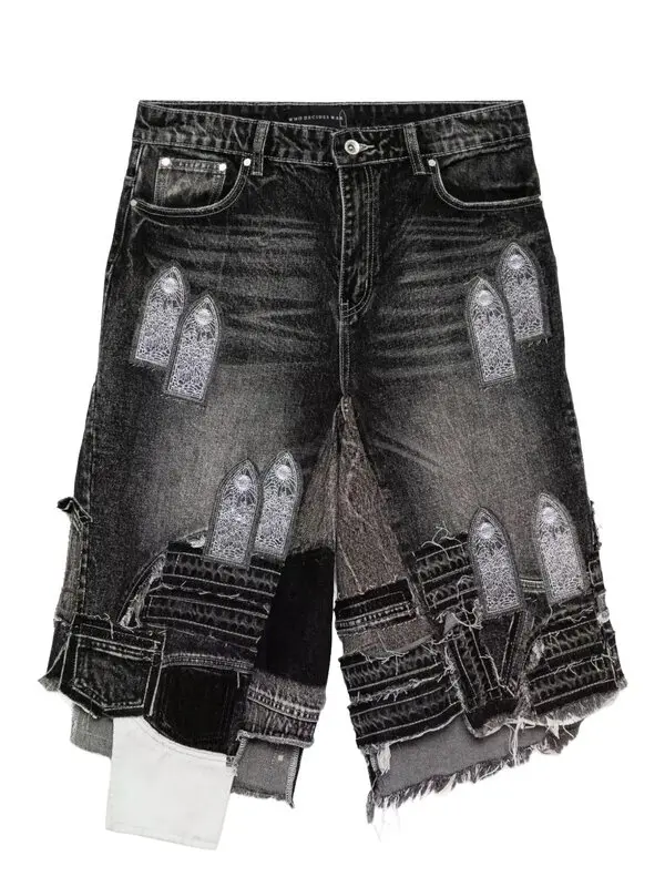 WHO DECIDES WAR BY EV BRAVADO Patched Denim Shorts - Grey