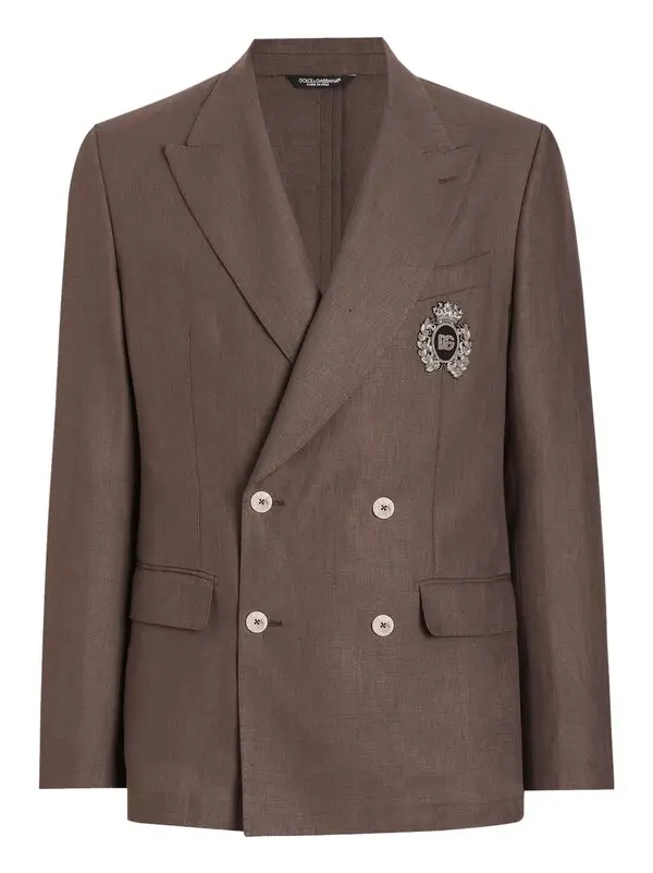 Dolce & Gabbana Double-breasted Linen Jacket With Patch - Brown