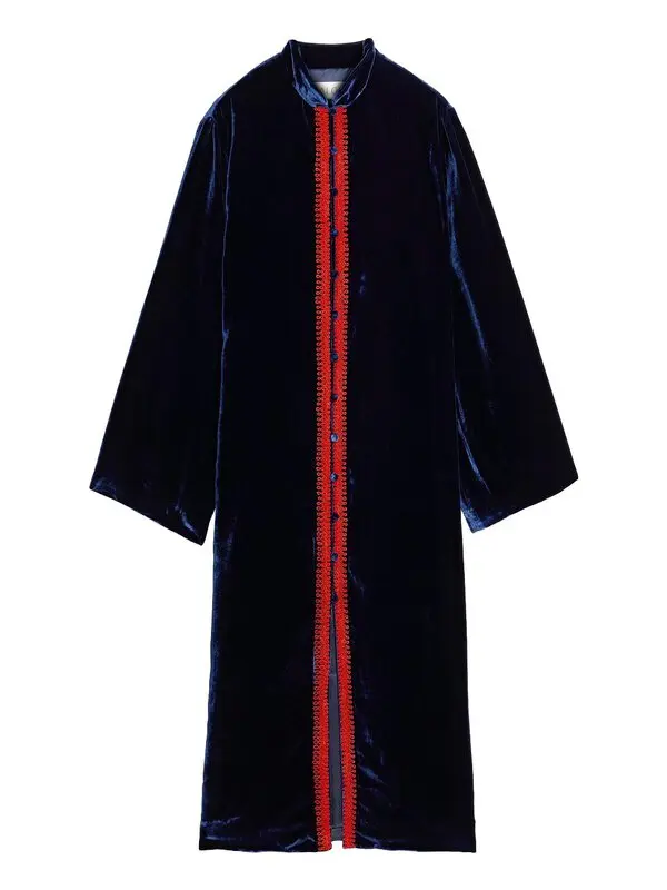 Saloni Amari Embroidered Velvet Robe - Navy