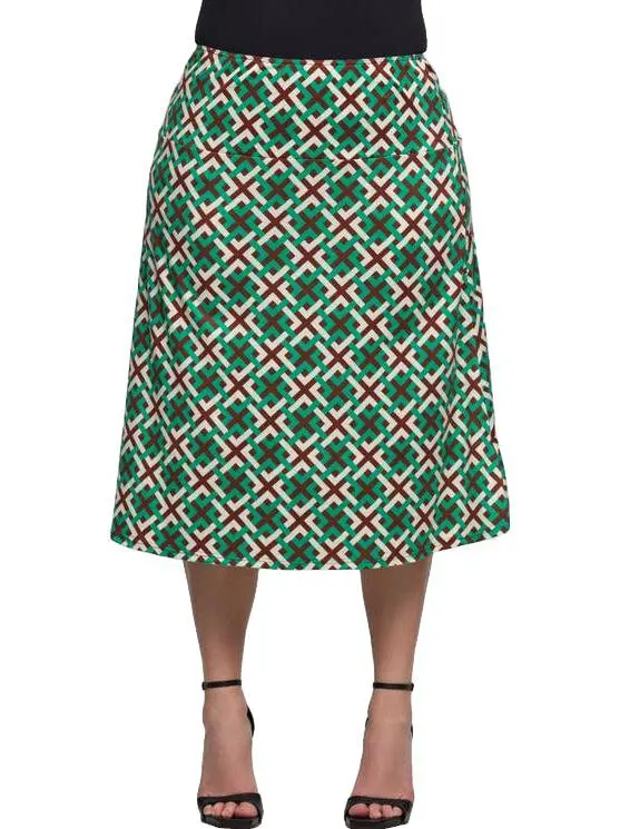 24SEVEN COMFORT APPAREL Geo Print Midi Skirt - Green Multi