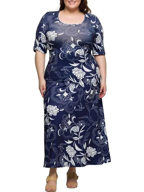 24SEVEN COMFORT APPAREL Floral Knit Maxi Dress - Navy Multi