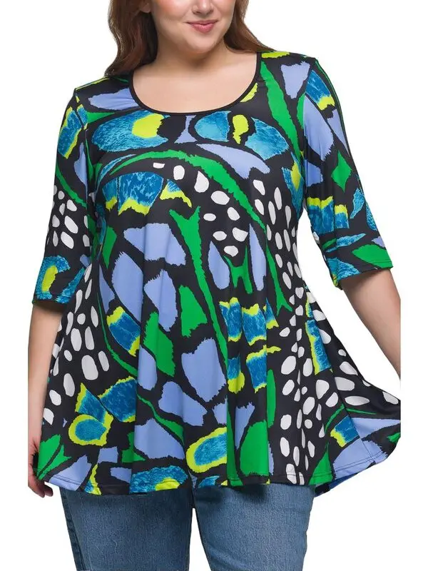 24SEVEN COMFORT APPAREL Printed Tunic Top - Green Multi